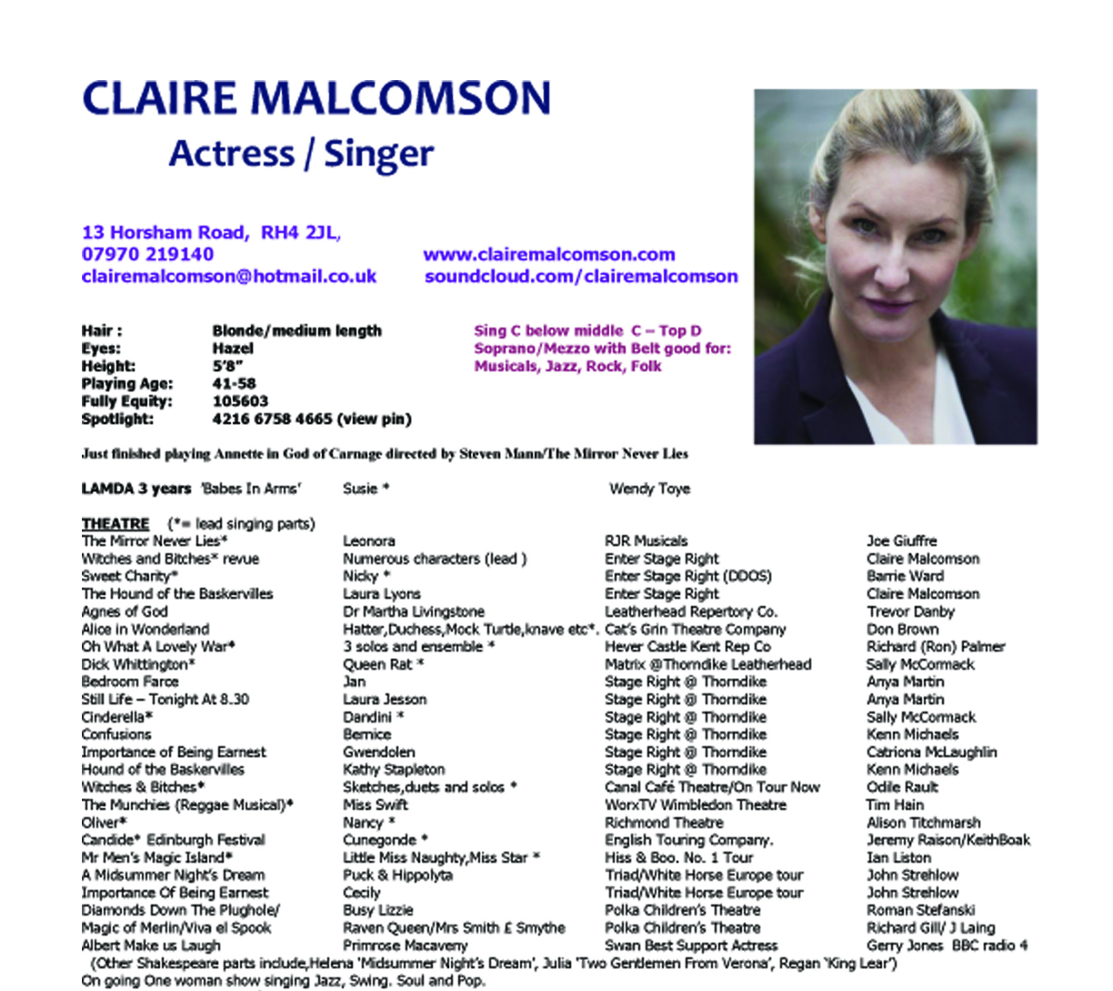 CV Acting and Singing | Claire Malcomson