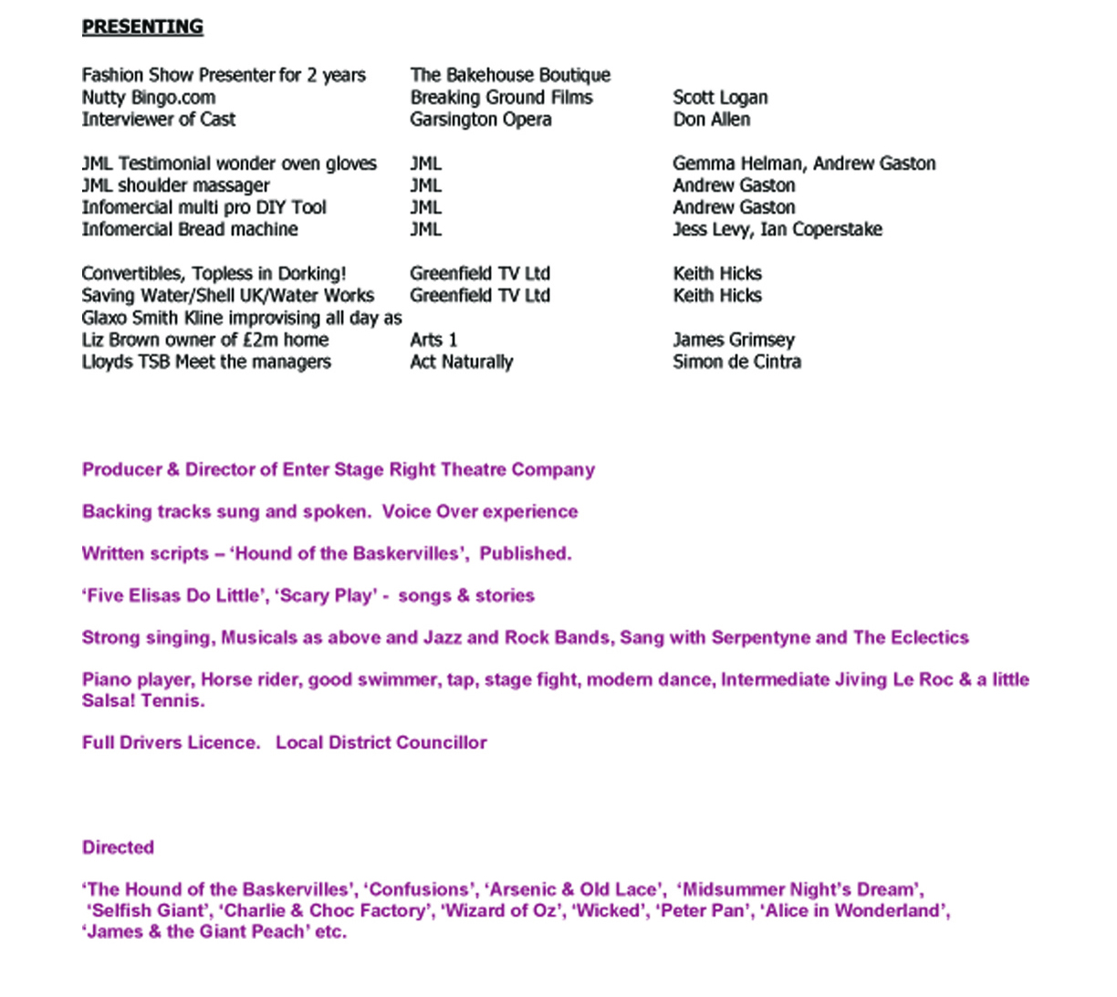 CV Acting and Singing | Claire Malcomson